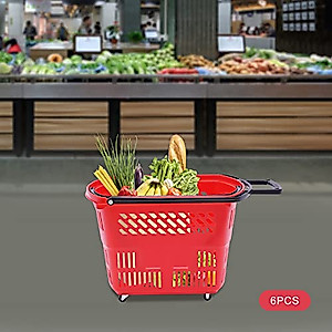 Bacacoo Plastic Shopping Carts, 6 Trolley Rolling Shopping Baskets, 35l Shopping Trolley With Handles, Portable Shopping Basket Set In Supermarkets And Retail Stores (Red)