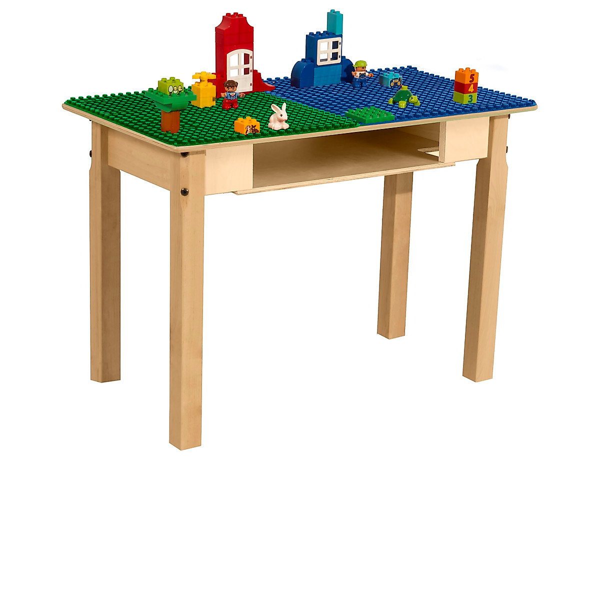 Contender Time-2-Play 30.75" W Rectangular Blue & Green Duplo Blocks Compatible Play Table with 20" Long Legs, Natural Finish Children Activity Play Table, Solid Wood Desk for Playroom