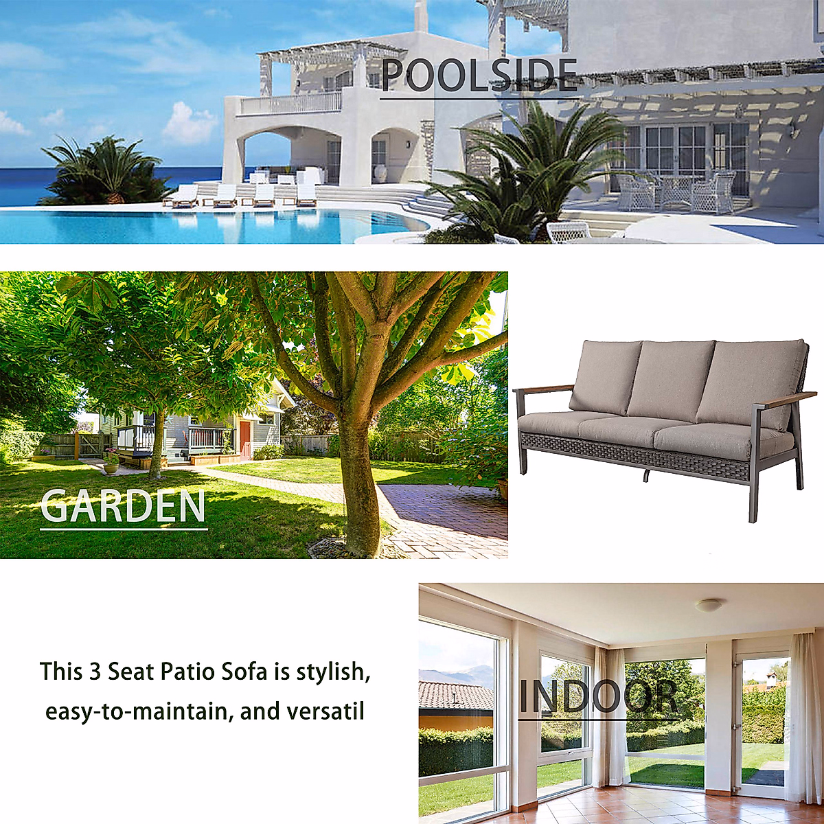 LOKATSE HOME Outdoor Wicker 3-Seat Couch Loveseat Patio Rattan Furniture Bench with Removable Thick Beige Cushions Steel Frame for Garden, Yard, Porch, Gray