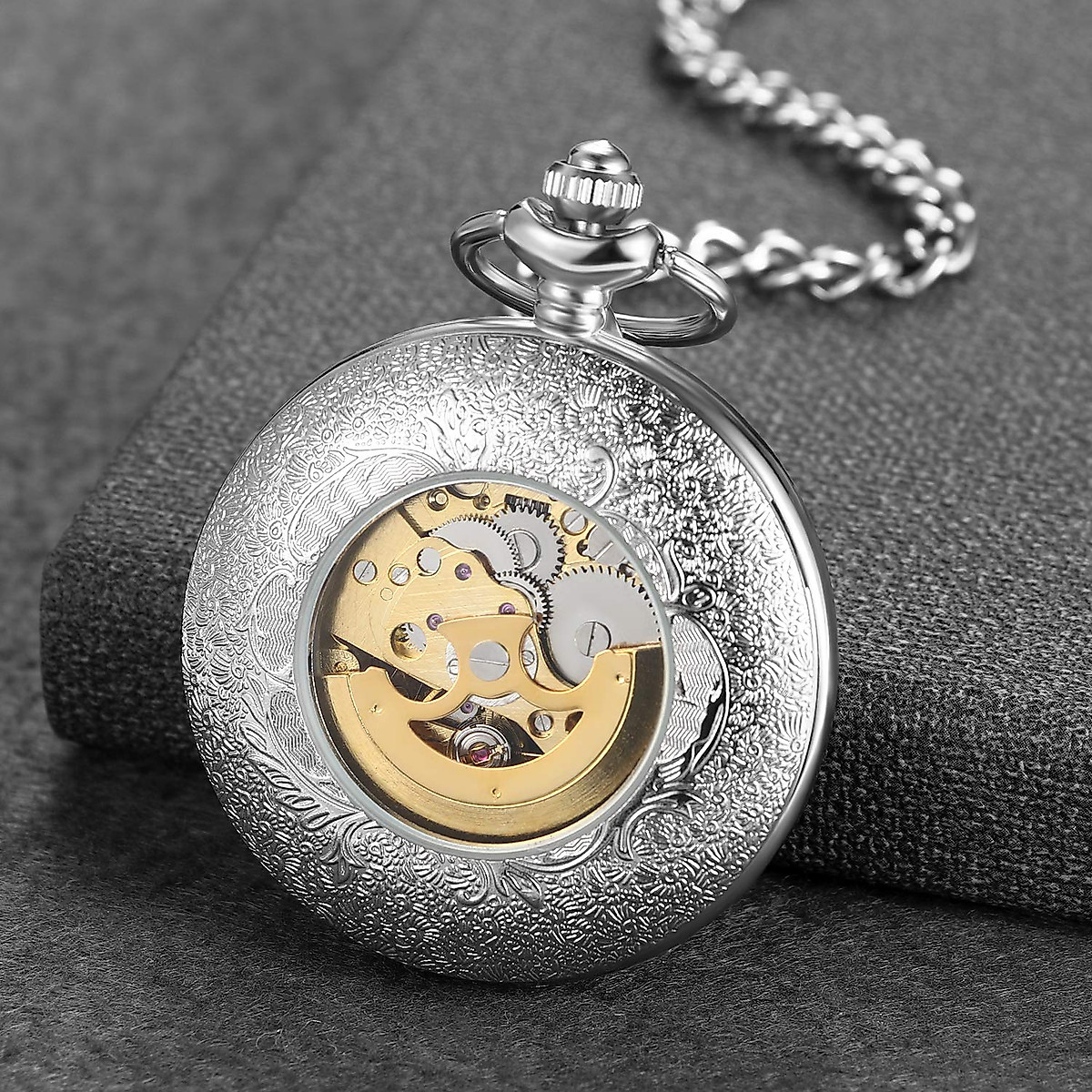 Avaner Steampunk Retro Half Hunter Copper Gear Skeleton Hand Wind Mechanical Roman/Arabic Numeral Analog Display Pocket Watch with 14" Chain (Silver)