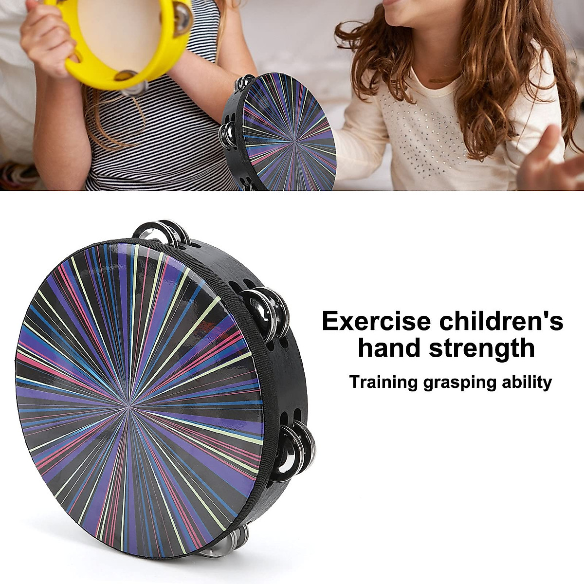 Hand Tambourine, 8 inch Polyester Drum Skin Solid Wood Materials Double Row Percussion Percussion Music Instruments for Kids Adults Church Party(Colorful Rays)