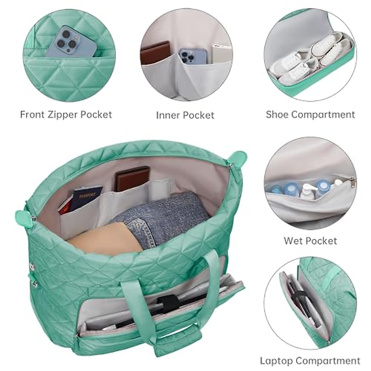 ETRONIK Weekender Bag for Women with 17 inch Laptop Compartment, 44L Travel Duffle Bag with Shoe Compartment & Wet Pocket, Carry on Overnight Bag with Toiletry Bag for Travel, Hospital, Sports, Green