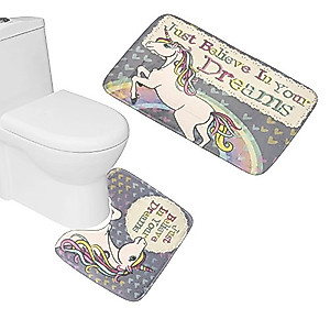 Amagical Teen Girls Decor Bathroom Mat Set Shower Curtain Set 3Piece Unicorn with Believe in Your Dreams Bathtub Mat Contour Mat Fabric Shower Curtain