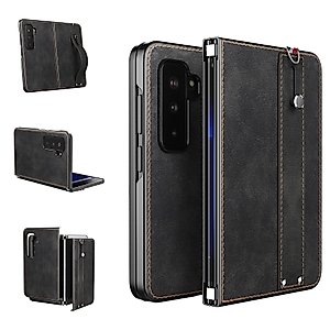 Foluu for Microsoft Surface Duo 2 Case, Surface Duo 2 Leather Case with Hand Strap, [Slim & Lightweight] PU Leather Back Cover Hard PC Holder Protective Phone Case for Microsoft Surface Duo 2 (Black)