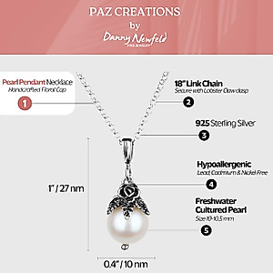 Paz Creations 925 Sterling Silver Pearl Pendant Necklace with Round Ball-Shape White Freshwater Pearl and Handcrafted Floral Cap - Natural Elegant Jewelry