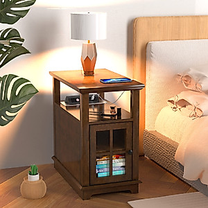 HIFYOBRO End Table with Hidden Charging Station, Narrow Side Table with Storage, Nightstand for Small Spaces with USB Ports & Power Outlets Bedside Table-Cherry