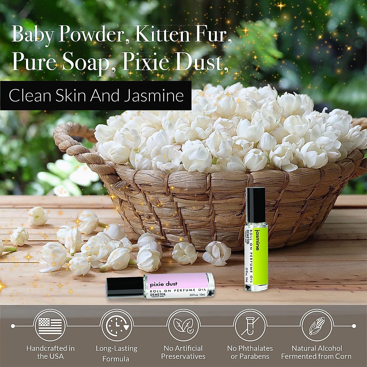 DEMETER Fragrance Library - Classic Six Piece Roll On Perfume Oil Set – Baby Powder, Kitten Fur, Pure Soap, Pixie Dust, Clean Skin, Jasmine