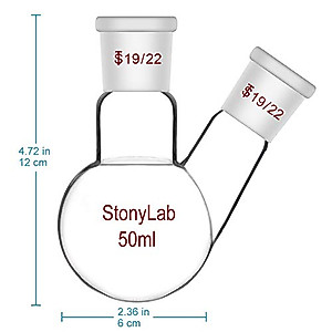 StonyLab Glass 50ml Heavy Wall 2 Neck Round Bottom Flask RBF, with 19/22 Center and Side Standard Taper Outer Joint - 50mL