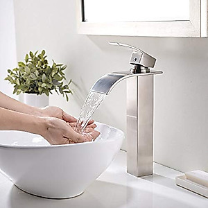 VESLA HOME Modern Wide Waterfall Spout Brushed Nickel Vessel Sink Faucet,Single Handle Tall Bathroom Faucet,Above Counter Single Hole Vanity Lavatory Faucet for Bathroom Sink