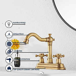 Bathroom Faucet Antique Brass GGStudy 2 Handles 4 Inches Centerset RV Bathroom Vanity Faucet with Drain Assembly and Supply Hose Lavatory Faucet Mixer Double Handle Tap