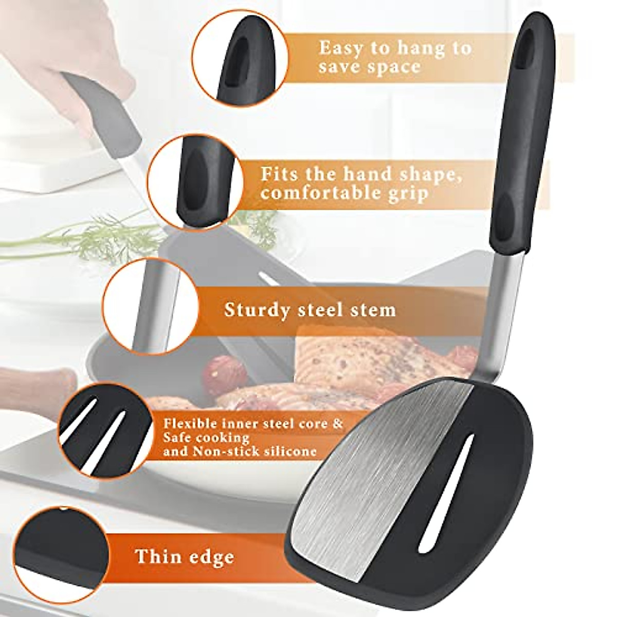 Elyum Silicone Spatula 4 Pack Spatula Set Heat Resistant Kitchen Utensils Set Flexible Silicone Turner Rubber Spatula for Nonstick Cookware for Flipping Eggs, Steak, Fish and More, Black