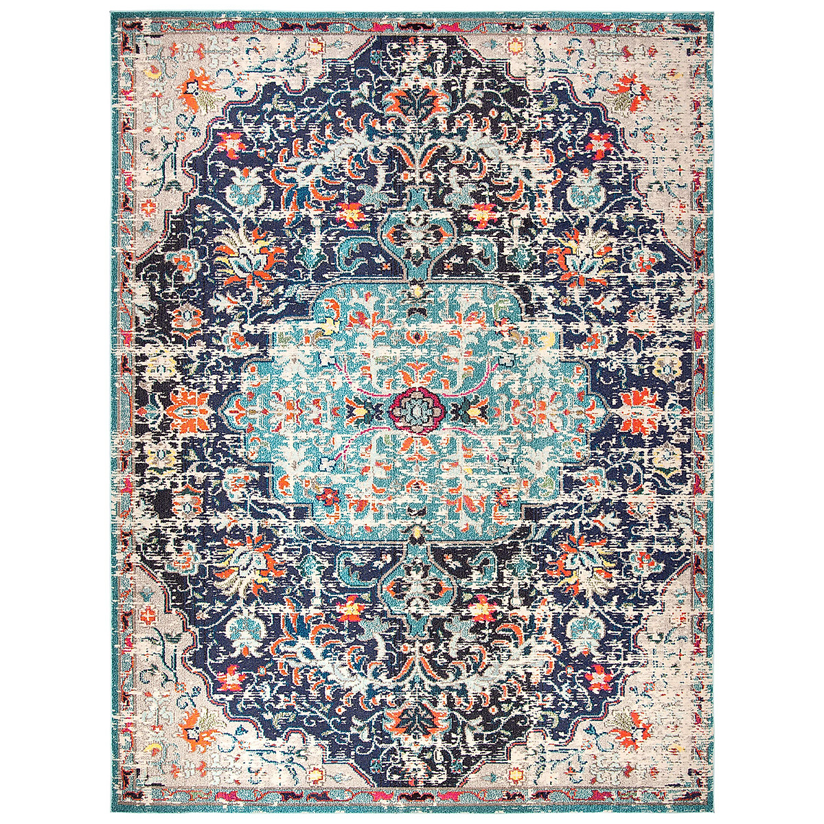 SAFAVIEH Madison Collection Area Rug - 9' x 12', Black & Teal, Boho Chic Medallion Distressed Design, Non-Shedding & Easy Care, Ideal for High Traffic Areas in Living Room, Bedroom (MAD447Z)