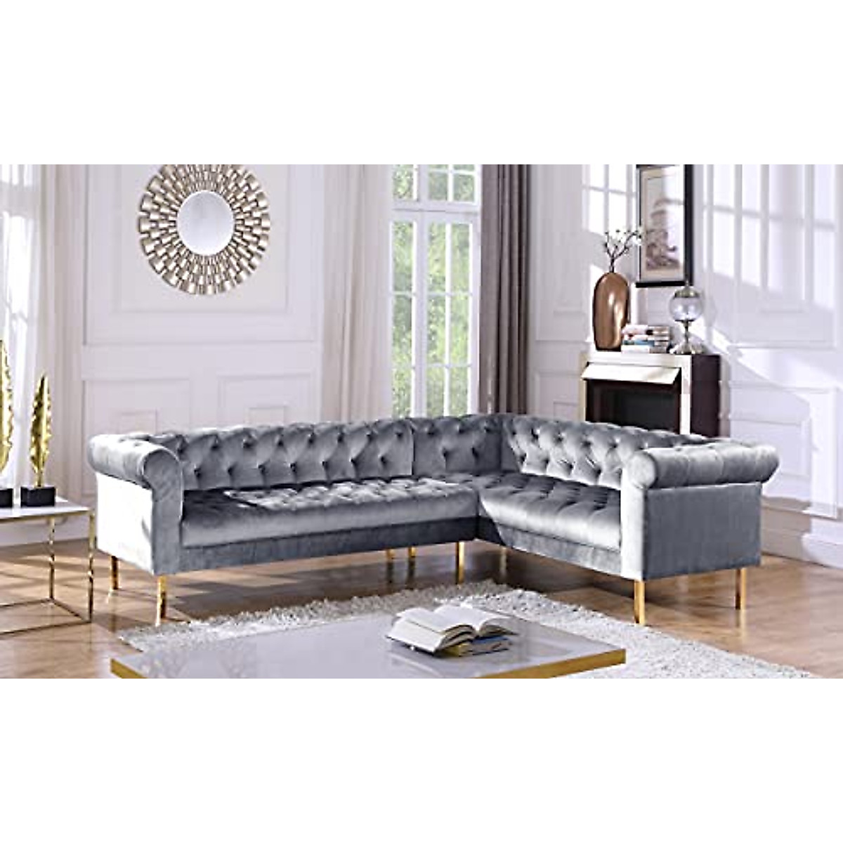 Iconic Home Giovanni Right Facing Sectional Sofa L Shape Velvet Upholstered Button Tufted Roll Arm Design Solid Gold Tone Metal Legs Modern Transitional Navy Grey