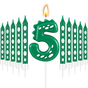 MTLEE Dinosaur Green Birthday Candles and 12 Pcs Green White Dinner Candles 2.36 x 1.8 Inch Numeral Dinosaur Candle 3.1 Inch Long Tall Candle for Birthday Dinosaur Theme Party Decorations (Number 5)