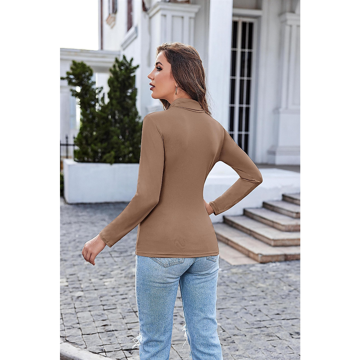 Ekouaer Women's Turtleneck Long Sleeve Shirts Lightweight Base Layer Solid Slim Fit Tops Brown S