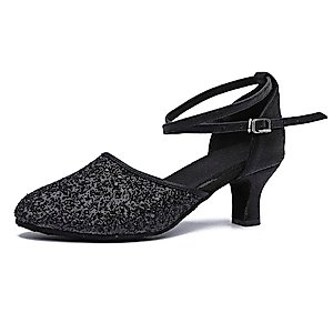 MSMAX Womens Latin Dance Shoe Mid Heel Glitter Party Dancing Sandals Black 10 M US Women