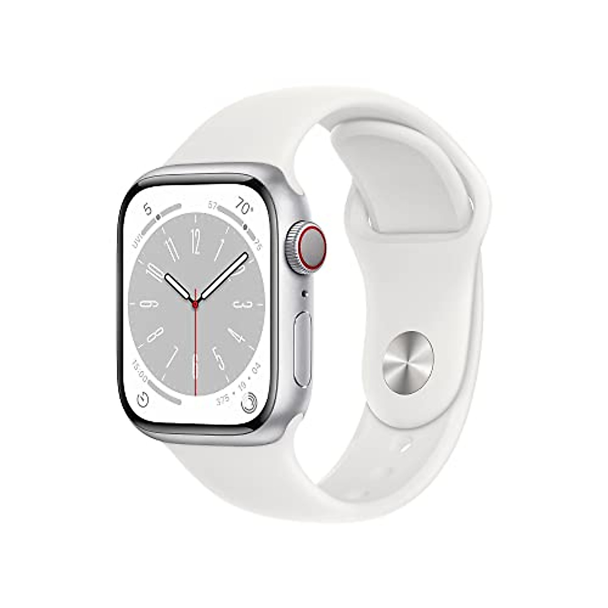 Apple Watch Series 8 [GPS + Cellular 41mm] Smart Watch w/Silver Aluminum Case with White Sport Band - M/L. Fitness Tracker, Blood Oxygen & ECG Apps, Always-On Retina Display, Water Resistant