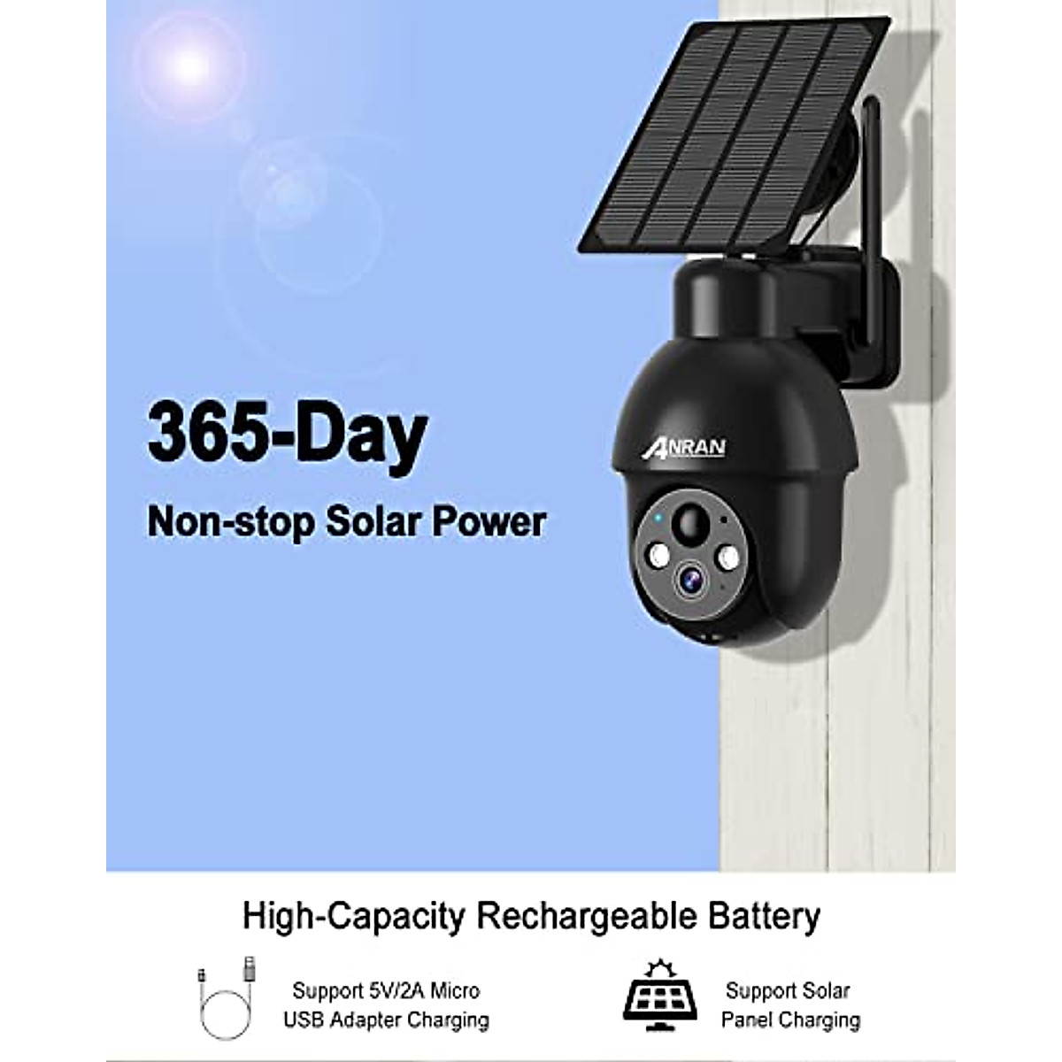 ANRAN 2K Security Camera Outdoor - Solar Camera Wireless with 360° View, Smart Siren, Spotlights, 3MP Color Night Vision, AI Human Detection, 2-Way Talk, Compatible with Alexa, Q3 Black