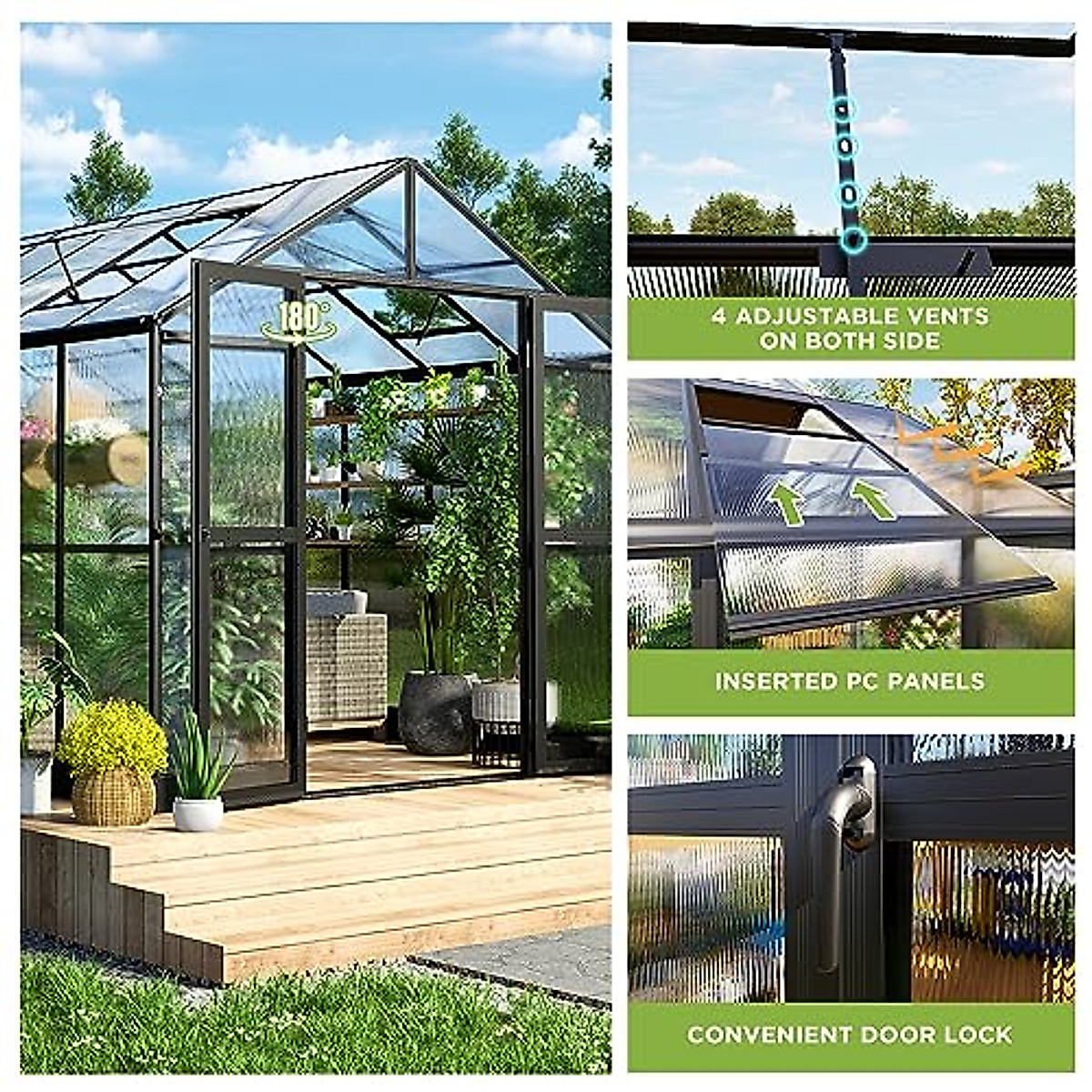 HOWE 8x16x7.5 FT Polycarbonate Greenhouse Double Swing Doors 4 Vents 5.2FT Added Wall Height, Walk-in Large Aluminum Greenhouse Sunroom Winter Greenhouse for Outdoors, Black