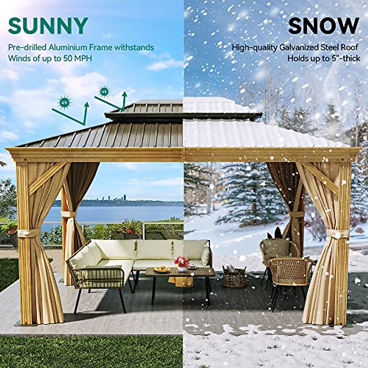 YITAHOME 10x12ft Hardtop Gazebo with Nettings and Curtains, Wood Grain Heavy Duty Double Roof Galvanized Steel Outdoor Combined of Vertical Stripes Roof for Patio, Backyard, Deck, Lawns, Brown