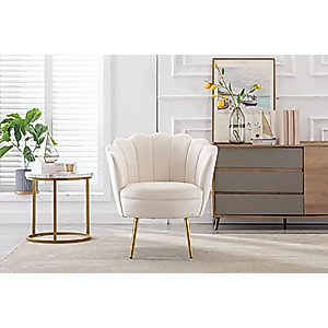 ZOBIDO Modern Accent Velvet Chairs Comfy Upholstered Vanity Chairs for Bedroom Armchair Dining Chairs with Golden Metal Legs Desk Chair Makeup Chairs for Living Room (White)