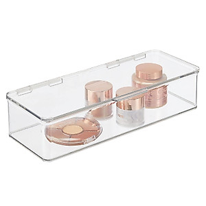 mDesign Long Plastic Cosmetic Storage Organizer Box Containers with Hinged Lid for Bedroom, Bathroom, and Vanity Shelf or Cabinet, Holds Masks, Palettes, Lotion, Astringents, or Nail Polish - Clear