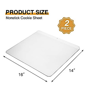 HONGBAKE Large Flat Cookie Sheet No Edges, Nonstick Insulated Baking Pan, Commercial Oven Trays for Cooking 2 Pieces, 16" X 14", Grey