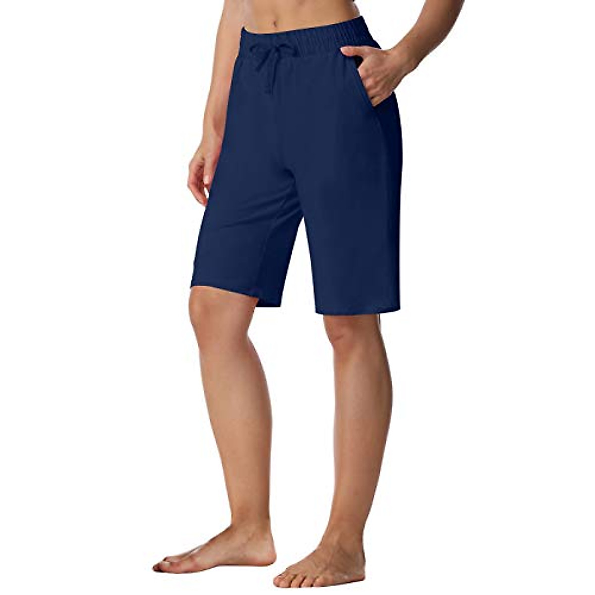 ChinFun Women's Yoga Bermuda Shorts Athletic Lounge Cotton Sweat Shorts 10" Long Shorts Workout Running Shorts Navy L