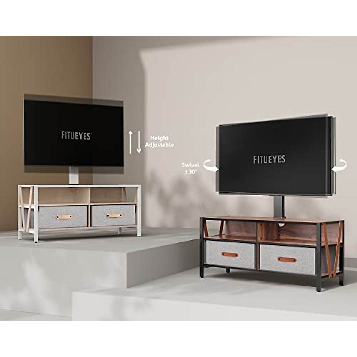 FITUEYES Wood Swivel Floor TV Stand with Mount for 37-75 Inch TVS, Television Stands with Storage for Bedroom - Height Adjustable, Cable Management, Removable Fabric Drawers, VESA 400x600mm, Walnut