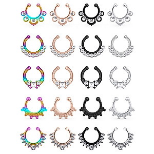 SCERRING Fake Septum Nose Hoop Rings Clear CZ Faux Non Pierced Clicker Hanger Nose Septum Ring Clip On Body Piercing Jewelry 20PCS Mix Color 1#