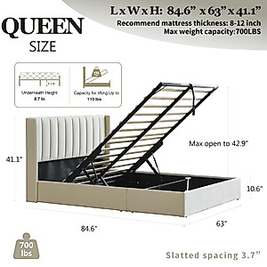 YUHUASHI Queen Size Hydraulic Storage Bed, Upholstered Platform Bed Frame, Modern Wingback Design Headboard, Velvet Fabric with Hydraulic Support Bars, No Box Spring Required (Cream, Queen)