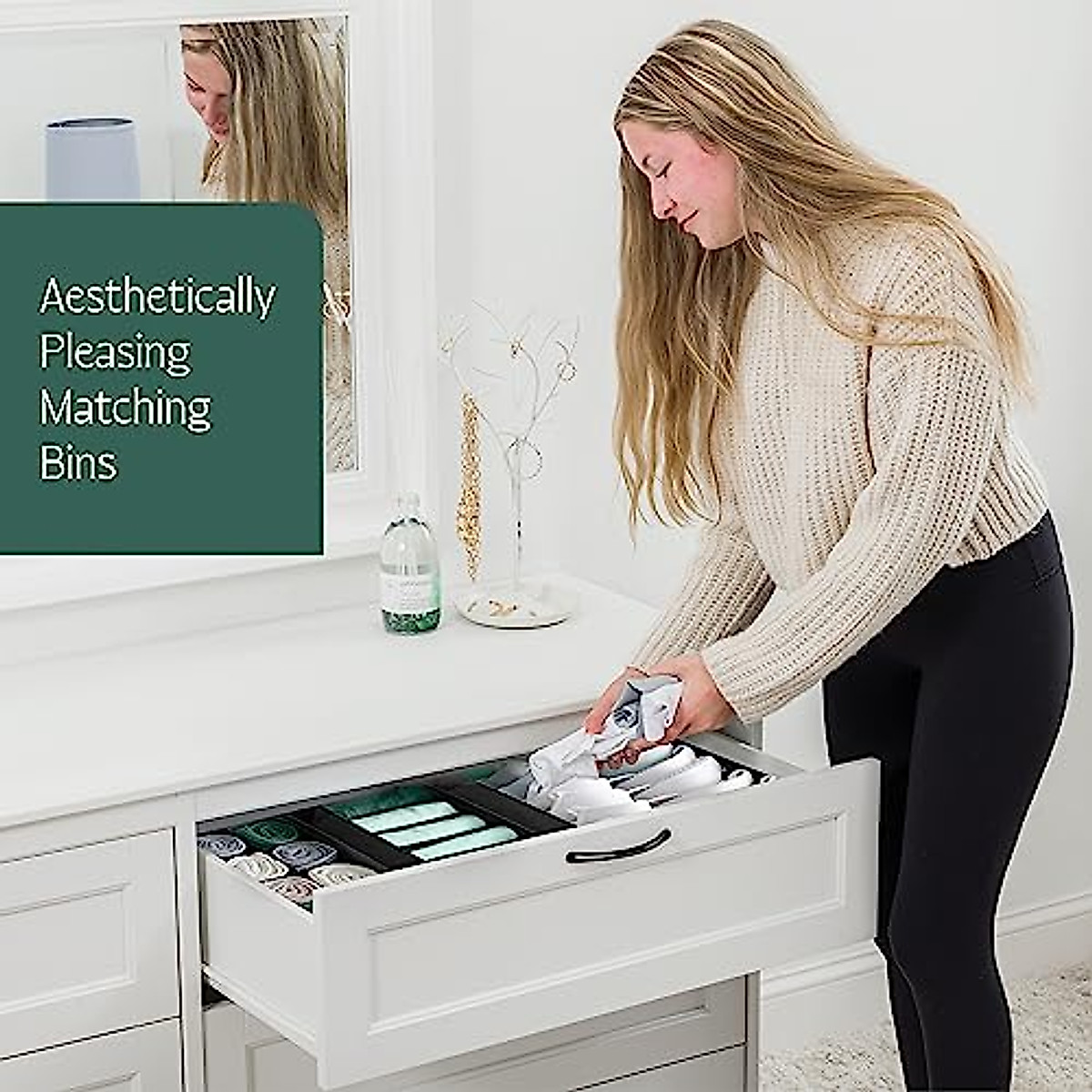 Dresser Organizer, [8 Pk] Black Fabric Dresser Drawer Organizers (4 Sizes With 90 Slots) Foldable Underwear Drawer Organizer Breathable Bins for Bra, Lingerie, Socks, Scarves, Belt, Tie, Baby Clothes.