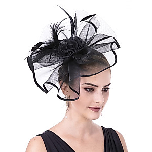 Lucky Leaf Girl Lady Hat Headwear Organza Church Feather Clip Fascinators Hat Wedding Party Kentucky Derby Cap for Women(L-Flowers-Black)