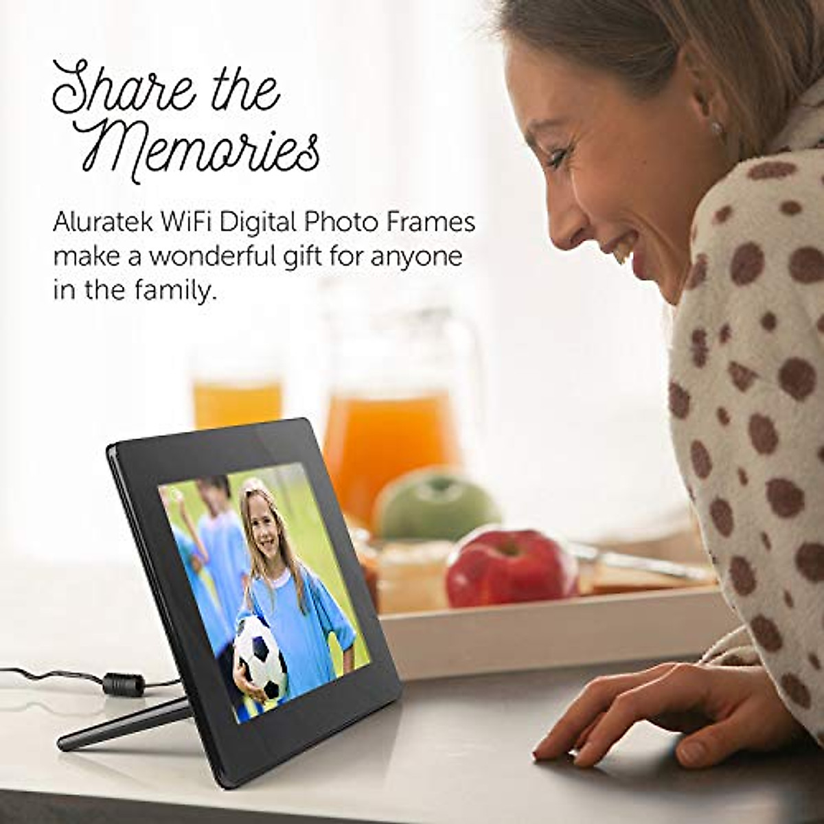 Aluratek 8" Wifi Digital Photo Frame with Touchscreen and 16GB Built-In Memory, USB/SD/SDHC Supported, Built-In Clock, Calendar, Weather, Easy Setup