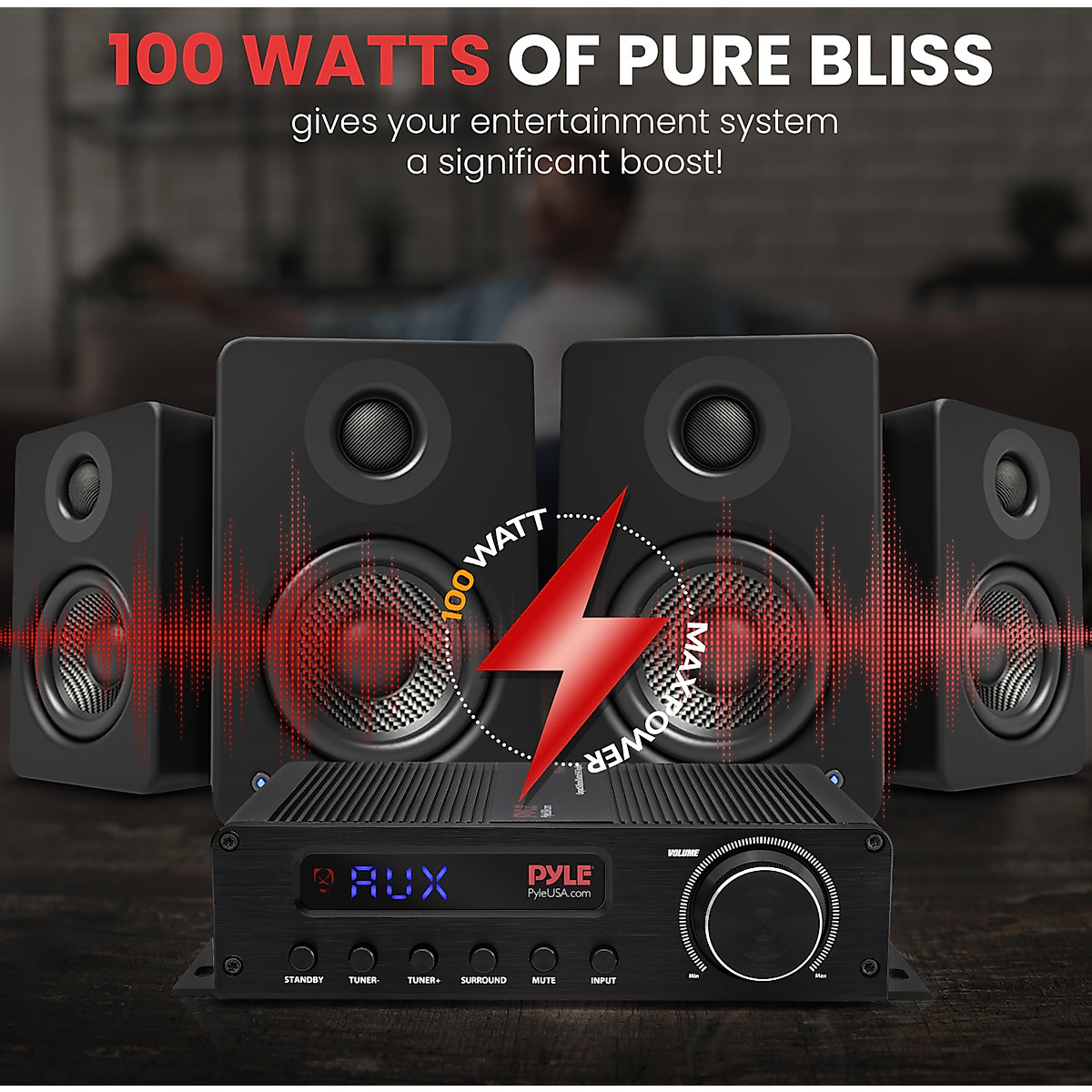 Pyle 100W 5 Channel Audio Amplifier - Wireless Bluetooth Home Theater Power Stereo Receiver with Surround Sound w/HDMI, AUX, FM Antenna, Subwoofer Speaker Input, 12V Adapter - PFA540BT.6