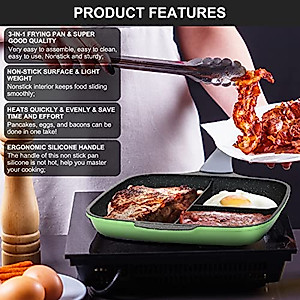 Faseem Sectional skillet grill pan, 10.6 inch 3 Section Breakfast Pan, Grill Pans for Stove Tops, Compatible with All Stovetops, PFOA Free, (Gas, Electric & Induction)