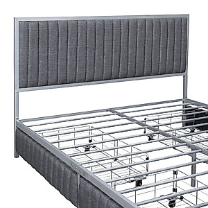 CKLMMC Morden Upholstered Platform Bed Frame with 4 Drawers,Sturdy Built-in Metal Slat Support,Queen Size Platform Bed for Bedroom,Living Room (Gray+Linen Fabric1, Queen)