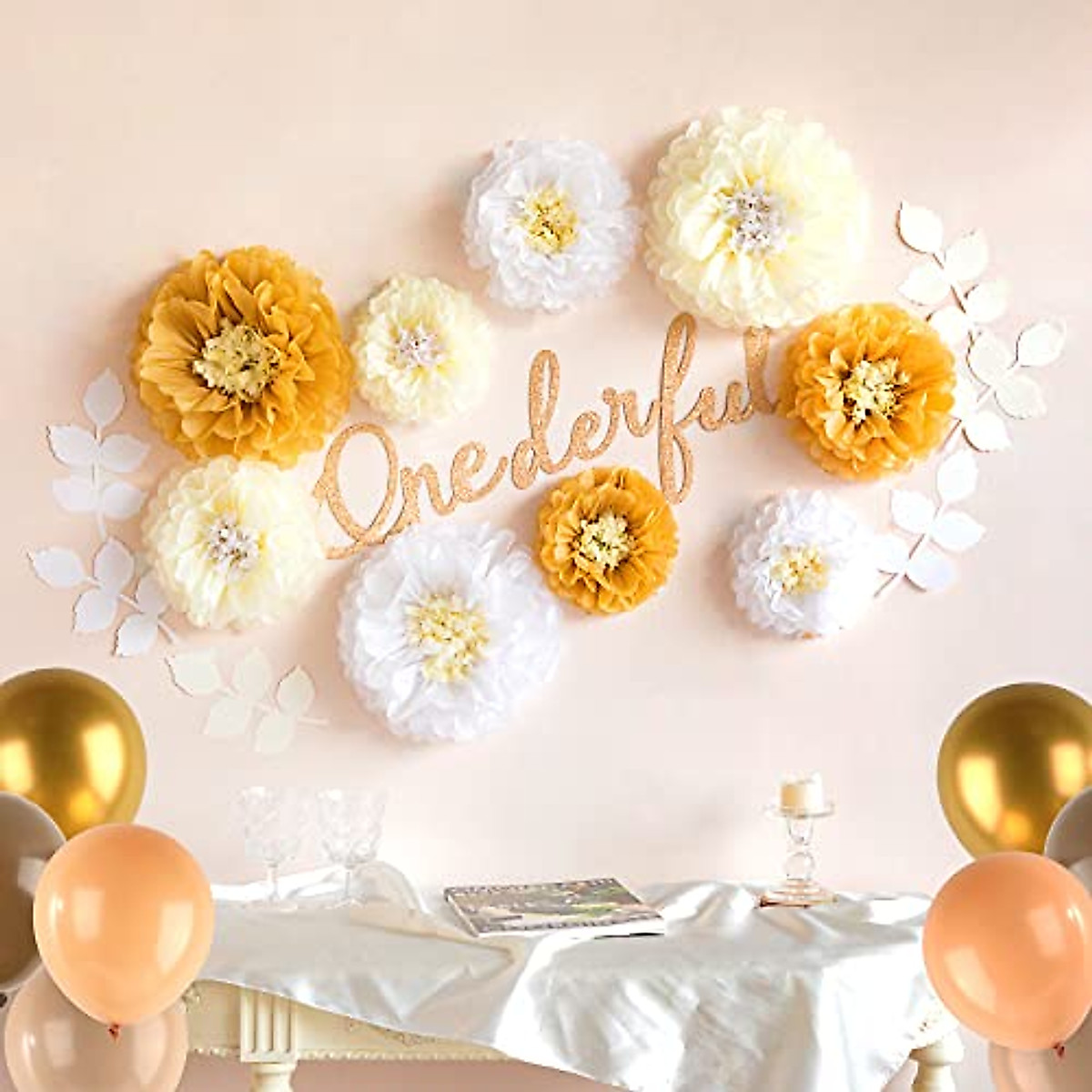 Fonder Mols Tissue Paper Chrysanth Flowers Paper Leaves DIY Crafting for Rustic Wedding Backdrop Baby Shower Nursery Decorations (Set of 15, Khaki Ivory White)