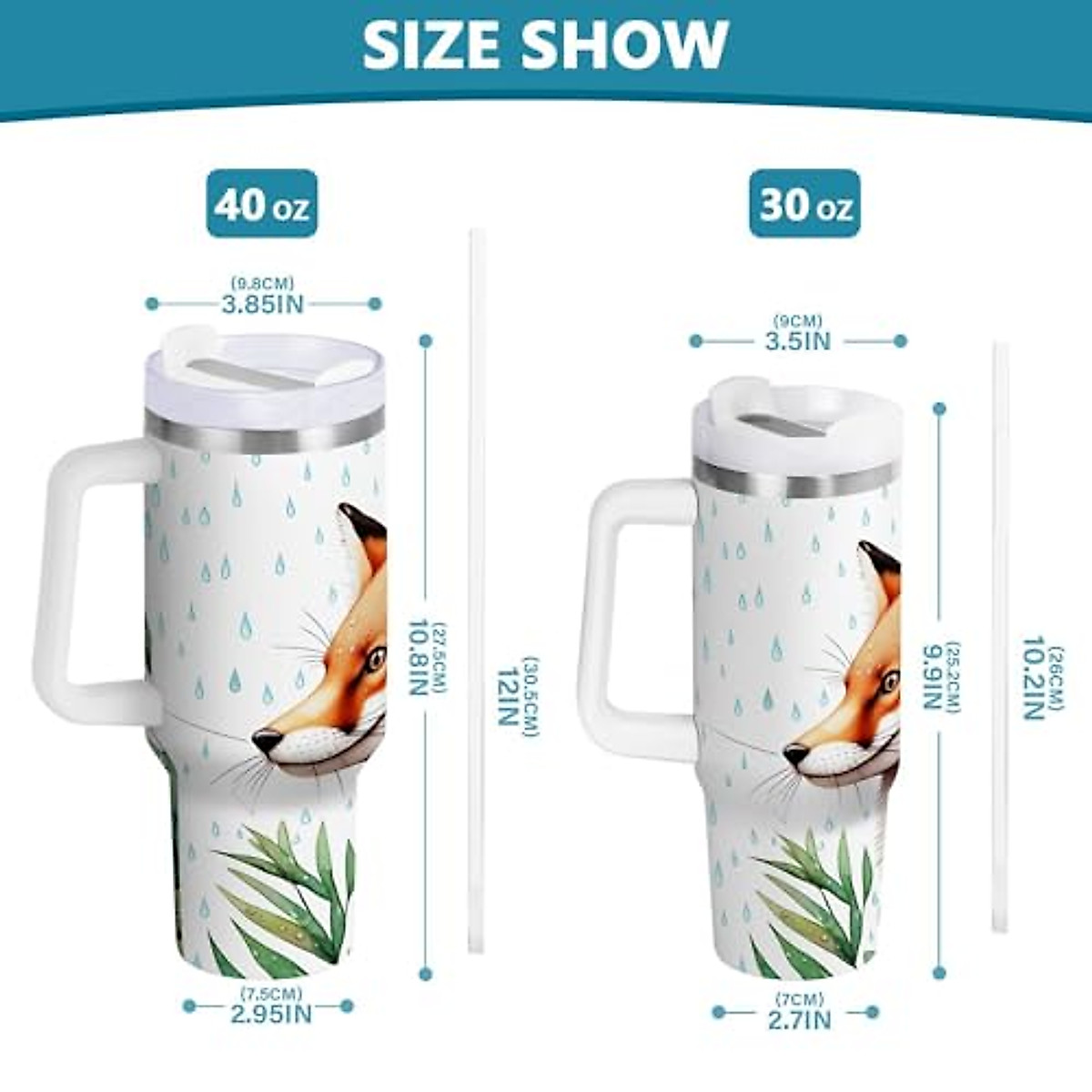 RPLIFE Cute Fox Green Leaves Tumbler, Stainless Water Bottle, Drinking Cups with Lids and Straws