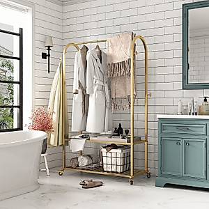 Gold Clothing Rack on Wheels Modern Display Rack with 2-tier Shelf Metal Hanging Rack Gold Clothes Rack for Boutique, Retail or Home (gold)