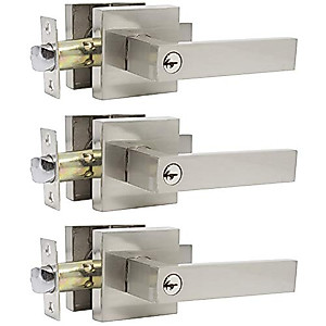 Knobonly Keyed Alike Entry Door Levers One Keyway Entrance/Front Door Handles with Same Keys Satin Nickel, Heavy Duty Keyed Exterior Door Locksets Door Handle Set, Combo Pack of 3