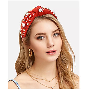 Atoden Red Wide Top Knot Headband with Pearl Rhinestone for Women's Hair Embellished Headbands Non Slip Sparkly Hair Bands Fashion Hair Accessories