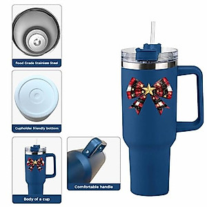 LB LEOBON 40 ounce insulated cup with handle, double-layer vacuum stainless steel material, equipped with straw, can keep warm or maintain cold drinks Red and Black Plaid Bow white