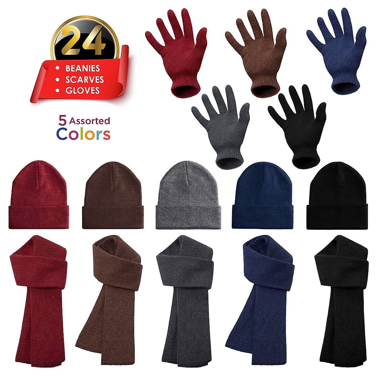 Moda West 72-Pack Gloves, Scarves, and Beanies - Wholesale Unisex Winter Accessories - Bulk 24 Glove Pairs, 24 Scarves, 24 Beanies