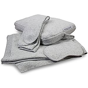 Jet&Bo 100% Pure Cashmere Travel Set: Blanket, Eye Mask, Socks, Carry/Pillow Case Gray