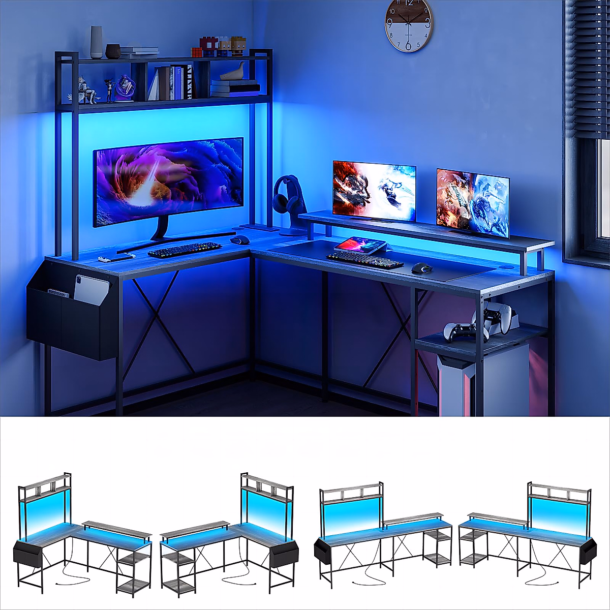 ElectraSpeedy L Shaped Gaming Desk, Reversible Corner Desk with Hutch, Power Outlets, LED Strip, Monitor Stand, Storage Shelves, and Side Storage Bag for Home Office (Grey)