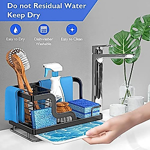MEYONER Kitchen Sink Organizer, Sink Caddy Sponge Holder for Kitchen Sink, Dish Brush Holder Stainless Steel, Kitchen Soap Caddy with Plastic Removable Drain Pan for Sponge, Brush, Dish Soap