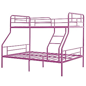 cuoote Twin Over Full Bunk Bed, Metal Twin Over Full Bunk Bed with Ladder and Guardrail, Space-Saving Design for Boys, Girls, No Box Spring Needed, Pink