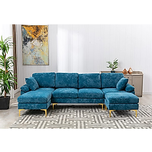 Goohome Sectional Sofá, Modern Velvet Upholstered 4-6 Seater w/Ottoman, Convertible Left and Right Side Chaise Lounge Couch, for Large Space,Living Room, Apartment, Home, L/U-Shaped Sofa, Teal Blue