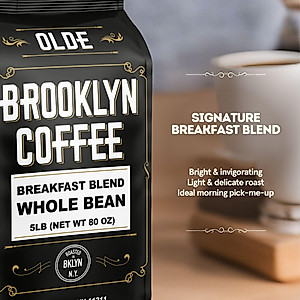 BROOKLYN COFFEE Whole Bean, Breakfast Blend Light Medium Roast (5lb) Delicate, Smooth, Low Acidity - Fresh Bulk Coffee Beans Roasted Weekly in NYC
